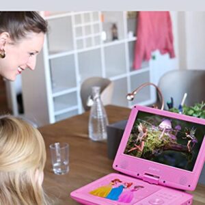 SYNAGY 11" Portable DVD Player for Kids with 9.5 inch HD Swivel Screen, Car Headrest Mount Holder, Rechargeable Battery, Car Charger, Wall Charger, SD Card Slot, USB Port (Pink)