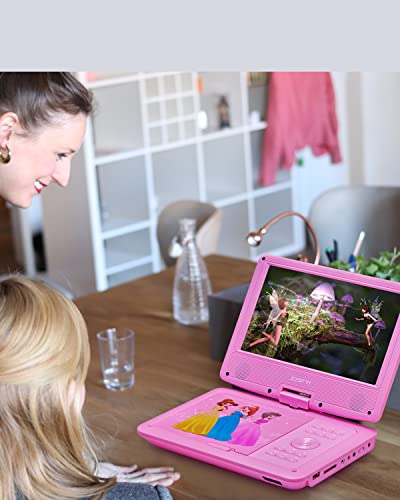 SYNAGY 11" Portable DVD Player for Kids with 9.5 inch HD Swivel Screen, Car Headrest Mount Holder, Rechargeable Battery, Car Charger, Wall Charger, SD Card Slot, USB Port (Pink)