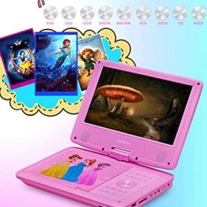 SYNAGY 11" Portable DVD Player for Kids with 9.5 inch HD Swivel Screen, Car Headrest Mount Holder, Rechargeable Battery, Car Charger, Wall Charger, SD Card Slot, USB Port (Pink)