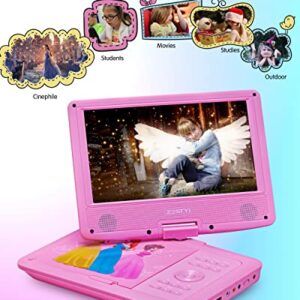 SYNAGY 11" Portable DVD Player for Kids with 9.5 inch HD Swivel Screen, Car Headrest Mount Holder, Rechargeable Battery, Car Charger, Wall Charger, SD Card Slot, USB Port (Pink)