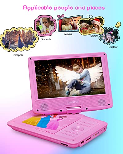 SYNAGY 11" Portable DVD Player for Kids with 9.5 inch HD Swivel Screen, Car Headrest Mount Holder, Rechargeable Battery, Car Charger, Wall Charger, SD Card Slot, USB Port (Pink)