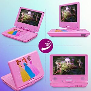 SYNAGY 11" Portable DVD Player for Kids with 9.5 inch HD Swivel Screen, Car Headrest Mount Holder, Rechargeable Battery, Car Charger, Wall Charger, SD Card Slot, USB Port (Pink)