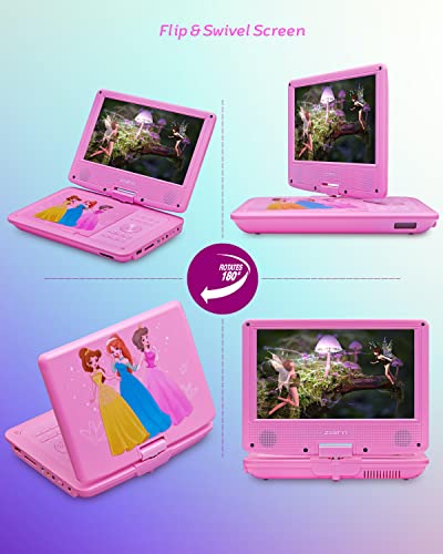 SYNAGY 11" Portable DVD Player for Kids with 9.5 inch HD Swivel Screen, Car Headrest Mount Holder, Rechargeable Battery, Car Charger, Wall Charger, SD Card Slot, USB Port (Pink)