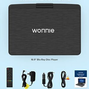 WONNIE 16.9" Portable Blu-Ray DVD Player with 14.1" 1080P Full HD Large Screen, Dolby Audio, 4 Hrs Rechargeable Battery, Support HDMI Out, AV in, USB/SD Card, Last Memory