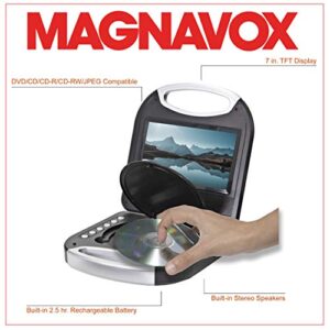 Magnavox MTFT750-BK Portable 7 inch TFT DVD/CD Player with Remote Control and Car Adapter in Black | Rechargeable Battery | Headphone Jack | Built-In Speakers |