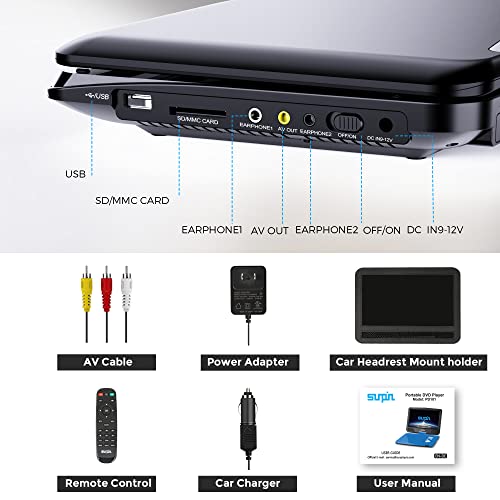 12.5" Portable DVD Player with 10.5" Swivel HD Screen, 5-Hour Rechargeable Battery, Dual Headphone Jacks, Car Headrest Case, Car Charger, Region Free, Support USB/SD Card/Sync TV/Multiple Disc Formats