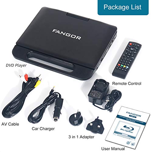 FANGOR 13.3 Inch Portable Bluray Player with 12" HD Swivel Screen, 5 Hours Rechargeable Battery and Remote Control, HDMI Out/AV in, Multi-Media Player, USB/SD Card, Last Memory