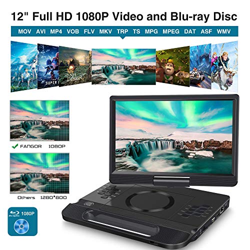 FANGOR 13.3 Inch Portable Bluray Player with 12" HD Swivel Screen, 5 Hours Rechargeable Battery and Remote Control, HDMI Out/AV in, Multi-Media Player, USB/SD Card, Last Memory