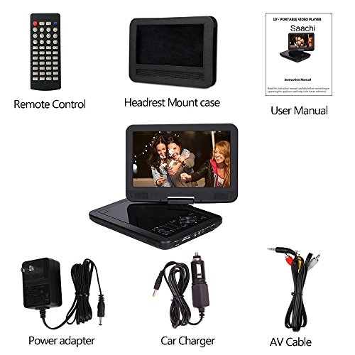 Multi Region 10.1" Portable DVD Player All Region Free with 270° Swivel Screen, 4.5 Hours Rechargeable Battery, SD/MMC Card Reader, USB Port, Headphone Jack, Car Charger and Headrest Mount Case