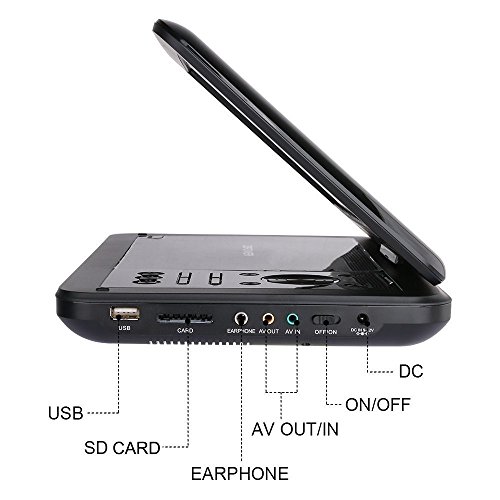 Multi Region 10.1" Portable DVD Player All Region Free with 270° Swivel Screen, 4.5 Hours Rechargeable Battery, SD/MMC Card Reader, USB Port, Headphone Jack, Car Charger and Headrest Mount Case