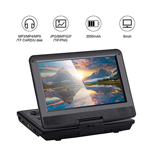 GOFEI Portable DVD Player, Built in 4 Hours Rechargeable Battery, with High Resolution, 9 inch DVD Player Swivel Screen, Support DVD, VCD, MP3