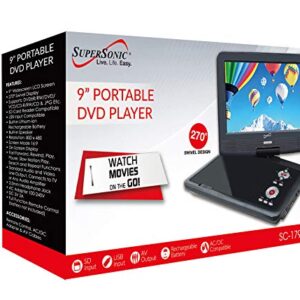 SuperSonic SC-179 Portable DVD Player 9" High Definition: USB and SD inputs with Built-in Lithium Ion Battery and Swivel Display