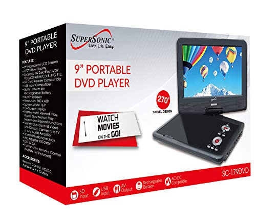 SuperSonic SC-179 Portable DVD Player 9" High Definition: USB and SD inputs with Built-in Lithium Ion Battery and Swivel Display