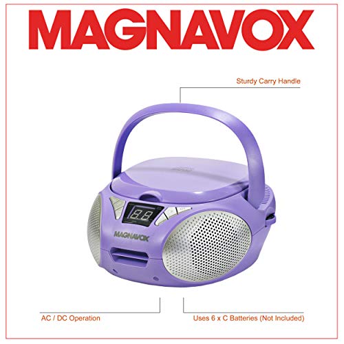 Magnavox MD6924-PL Portable Top Loading CD Boombox with AM/FM Stereo Radio in Purple | CD-R/CD-RW Compatible | LED Display | AUX Port Supported | Programmable CD Player |