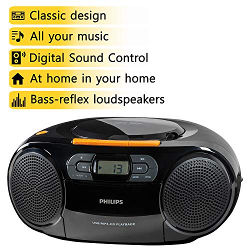 Philips Stereo CD Player, Portable Cassette Player, Portable Boombox, USB, FM, MP3, Tape, CD Player Boom Box, AZ328 - CD Player Boombox, Tape Player, CD Cassette Player Combo, CD Boombox