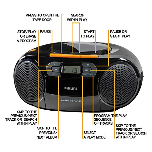 Philips Stereo CD Player, Portable Cassette Player, Portable Boombox, USB, FM, MP3, Tape, CD Player Boom Box, AZ328 - CD Player Boombox, Tape Player, CD Cassette Player Combo, CD Boombox