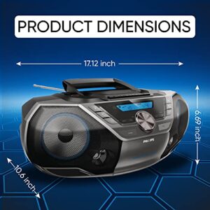 Philips Portable CD Player Boombox Bluetooth with Cassette All in one Powerful Stereo Boombox CD Player for Home with mega Bass Reflex Speakers, Radio/USB / MP3/ AUX Input with Backlight LCD Display