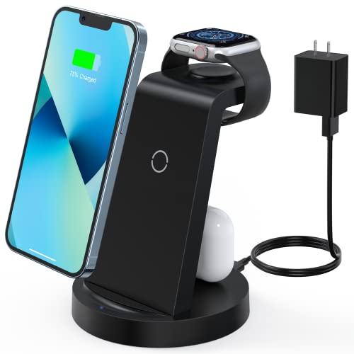 Wireless Charging Station, 3 in 1 Wireless Charger for iPhone 14/13/12/11/Pro/Max/SE/XS/XR/X/8 Plus/8, Fast Wireless Charging Stand Dock for Apple Watch Series & Airpods(with Adapter)