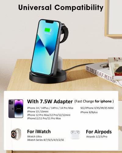 Wireless Charging Station, 3 in 1 Wireless Charger for iPhone 14/13/12/11/Pro/Max/SE/XS/XR/X/8 Plus/8, Fast Wireless Charging Stand Dock for Apple Watch Series & Airpods(with Adapter)