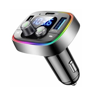 lihan bluetooth adapter for car, wireless fm radio transmitter, handsfree calling & audio receiver, mp3 music player, qc3.0 & type-c pd usb car charger,7 colors led backlit