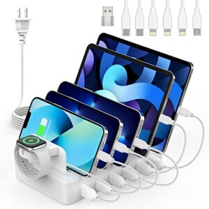 creative design charging station for multiple devices, 50w 6 ports charging dock with 6 cables compatible with cellphone,tablet, kindle, apple watch and other electronic