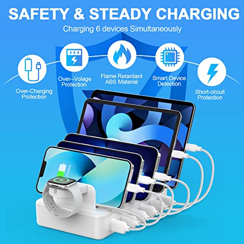 CREATIVE DESIGN Charging Station for Multiple Devices, 50W 6 Ports Charging Dock with 6 Cables Compatible with Cellphone,Tablet, Kindle, Apple Watch and Other Electronic