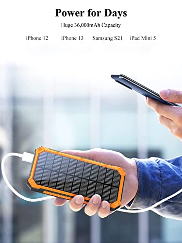 Power-Bank-Solar-Charger - 36000mAh Solar Power Bank, PD 20W Quick Charge,Drop-Proof Waterproof Dustproof Built-in LED Flashlight for iPhone, Tablet, Samsung and More USB Device(Orange)