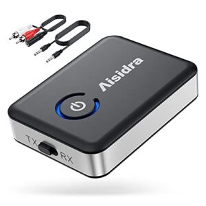 aisidra bluetooth transmitter receiver v5.0 bluetooth adapter for audio, 2-in-1 bluetooth aux adapter for tv/car/pc/mp3 player/home theater/switch, low latency, pairs 2 devices simultaneously