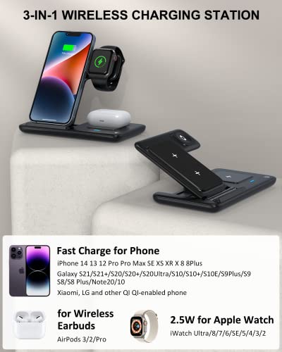 Wireless Charging Station, 3 in 1 Wireless Charger Compatible with iPhone 14/13 Pro/13/12/11/Pro/SE/XS/XR/X/8 Plus/8, 18W Wireless Charging Dock Stand for Apple Watch Series & Airpods (with Adapter)