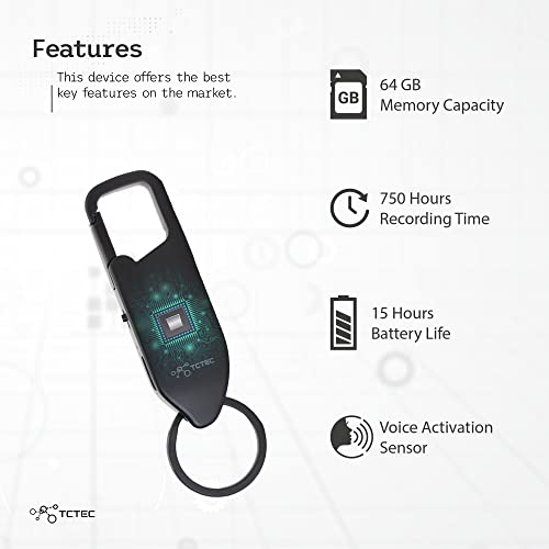 64GB TCTEC Keychain Voice Recorder, Voice Activated Recorder with 750 Hours Recording Capacity, Audio Noise Reduction with Playback, for Lectures, Meetings, Interviews