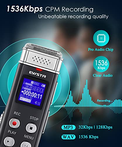 EVISTR 32GB Digital Voice Recorder Voice Activated Recorder with Playback - Upgraded Tape Recorder for Lectures, Meetings, Interviews, Audio Recorder USB Charge, MP3