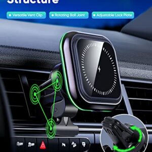 Magnetic Wireless Car Charger, Wireless Charger Car Vent Mount for 15W Fast Charging, Mag-Safe Car Phone Holder Charger, 45W USB PD Dual-Port Car Charger, Compatible with iPhone 14/13/12 Series