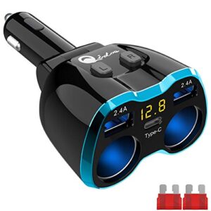 usb c car charger, cigarette lighter splitter adapter 2 socket type c multi power outlet 12v/24v 80w dc with led voltmeter switch 5.8a dual usb port for mobile cell phone gps dash cam