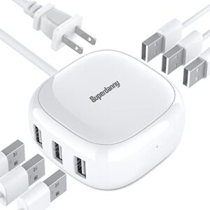 superdanny 6-port usb charger, 40w 8a mini usb charging station, charging station for multiple devices, 4ft cable, compatible with iphone, ipad, galaxy, pixel, for travel, cruise, white