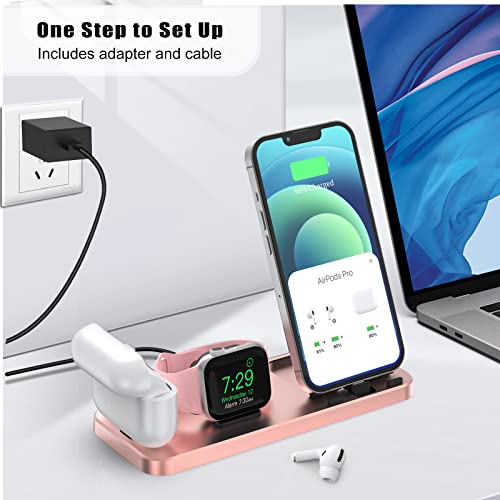 3 in 1 Charging Station for Multiple Devices Apple Portable Charging Stand for Apple Watch iPhone and AirPods Build-in Charger Charging Dock Holder for iPhone with Adapter and Cable (Rose Gold)