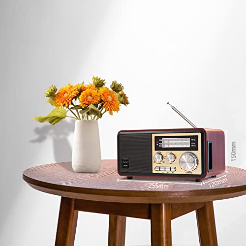 Oncheer Retro Vintage Wood Bluetooth FM/AM/SW Home Radio, 15W Subwoofer Stereo Speaker, AC&Battery Powered Radios with Antenna Best Reception, Support Remote Control/TF Card/USB Player/AUX