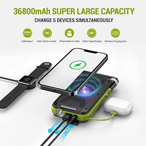 Solar Power Bank 36800mAh, Emergency FM Radio Wireless Charger Built-in 2 Cables and Kickstand 15W Fast Charging Portable Charger LED Flashlight, USB C Input/Output Compatible with All Mobile Devices