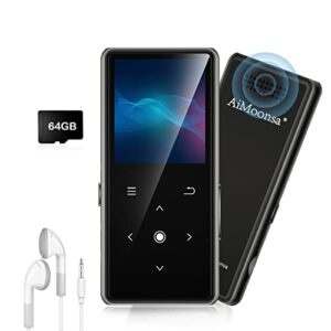 64gb mp3 player with bluetooth 5.2, aimoonsa music player with built-in hd speaker, fm radio, voice recorder, hifi sound, e-book function, earphones included