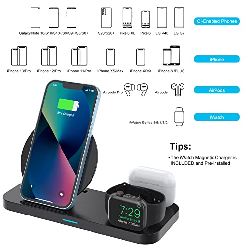 Wireless Charger, CANUVU 3 in 1 Fast Charging Station Compatible iPhone 14/13/12/11 Series/X/XS/XS Max/XR/8, Android Phone, Apple Watch & AirPods(with QC3.0 Adapter)