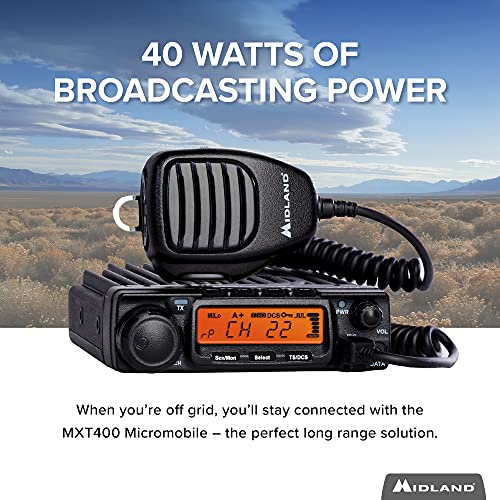 Midland – MXT400VP3-40 Watt GMRS MicroMobile Two Way Radio - Off Roading Outdoor Boat Ranches Tractors Radio - 8 Repeater Channels - Antenna Mounting Bracket Antenna Chord, 3dB Gain Ghost Bundle