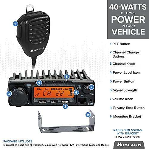 Midland – MXT400VP3-40 Watt GMRS MicroMobile Two Way Radio - Off Roading Outdoor Boat Ranches Tractors Radio - 8 Repeater Channels - Antenna Mounting Bracket Antenna Chord, 3dB Gain Ghost Bundle