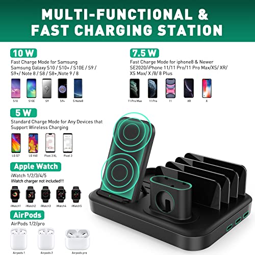 seenda Wireless Charging Station for Multiple Devices - 6 in 1 USB Charging Dock Built-in AC Adapter with 10W Max Wireless Charger Stand and 5 USB Ports for iPhone, iPad, Android, Apple Watch, AirPods