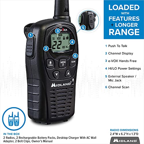 Midland - LXT500VP3, 22 Channel FRS Walkie Talkies with Channel Scan - Extended Range Two Way Radios, Silent Operation, Batteries Included (Pair Pack) (Black)