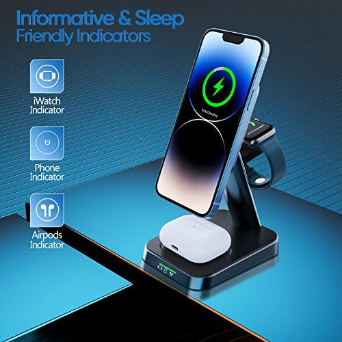 45°Adjustable Angle 3 in 1 Magnetic Wireless Charging Station, 23W Fast Mag-Safe Charger Stand with 20W QC3.0 Adapter, Metal Texture, for iPhone 14/13/12 Series, iWatch Ultra/8/7/6/5/4/3/2, AirPods