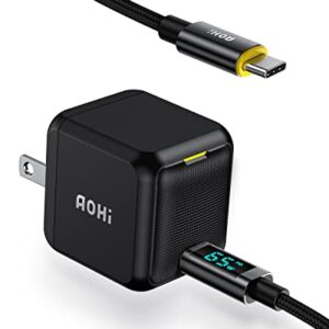 AOHI 65W PD USB C Charger, GaN+ Magcube Mini Fast Wall Charger Power Adapter with 4ft USB C to USB C LED Display Cable for Notebook MacBook Pro/Air, Galaxy S22/S21, iPhone 14/Plus/Pro Max/13/12, Black