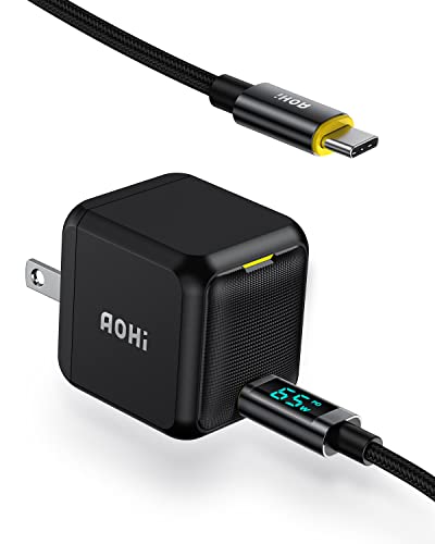 AOHI 65W PD USB C Charger, GaN+ Magcube Mini Fast Wall Charger Power Adapter with 4ft USB C to USB C LED Display Cable for Notebook MacBook Pro/Air, Galaxy S22/S21, iPhone 14/Plus/Pro Max/13/12, Black