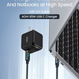 AOHI 65W PD USB C Charger, GaN+ Magcube Mini Fast Wall Charger Power Adapter with 4ft USB C to USB C LED Display Cable for Notebook MacBook Pro/Air, Galaxy S22/S21, iPhone 14/Plus/Pro Max/13/12, Black