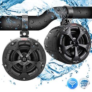 pyle 4” waterproof off-road bluetooth speakers -800w power w/ amplified speaker system for atv/utv,aux (3.5mm) input jack,marine grade weatherproof,great for use w/all 12v vehicles- plutv43bta ,black