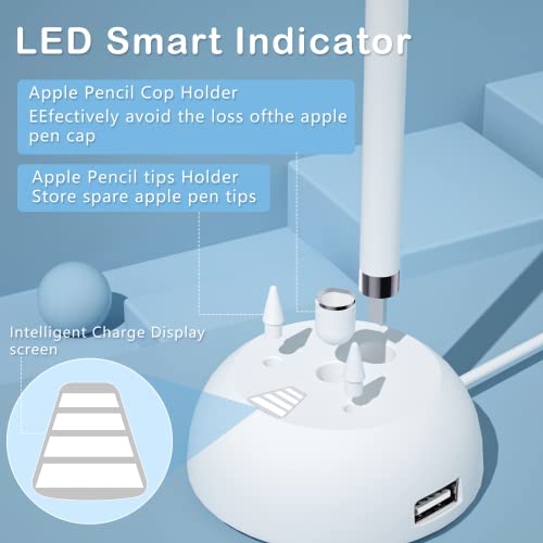 Charging Stand Compatible with Apple Pencil 1st Generation - 3 in 1 iPad Pencil Charger Dock Holder with LED Light & Pencil Tips and Cap Holder - iPad Pen Charging Adapter with USB Port