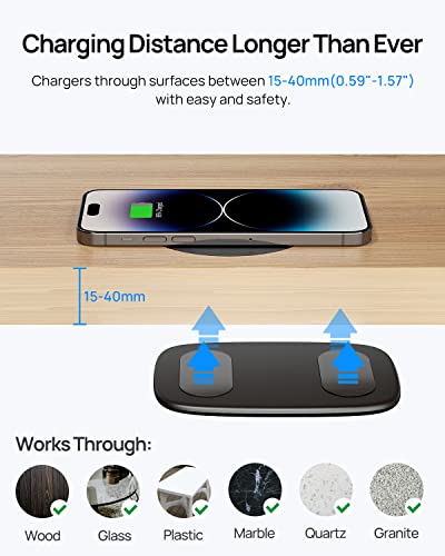 KPON Invisible Wireless Charger - 40MM(1.57") Under Desk Wireless Phone Charger - Hidden Charging Station for iPhone 14/13/12/Wireless Phones(Adapter Included)